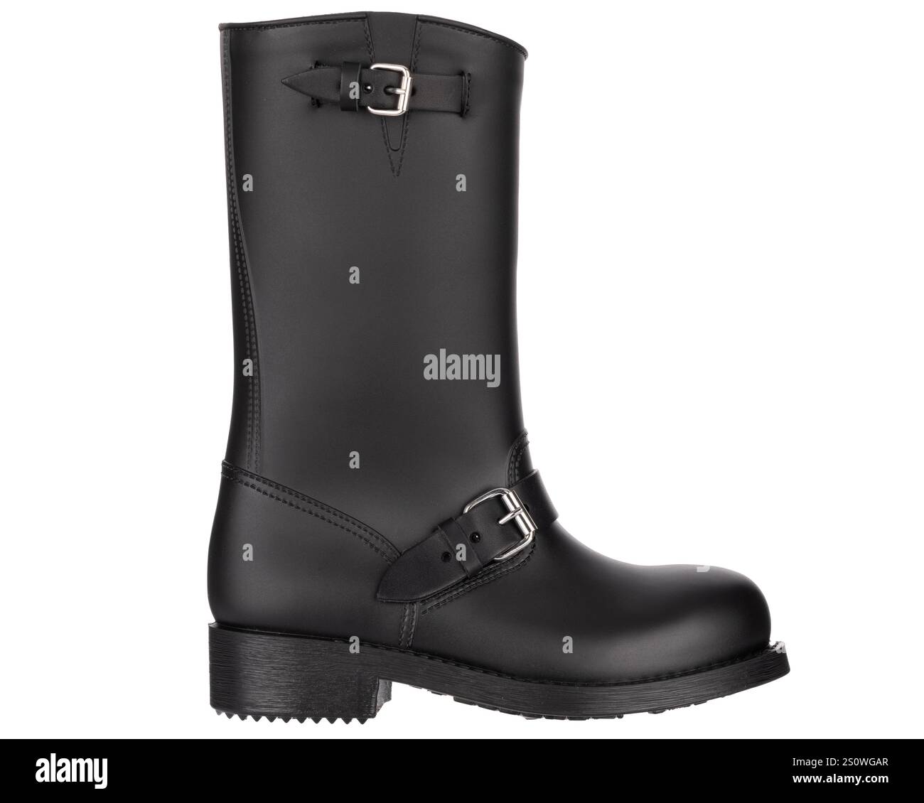 Side Profile of Black Leather Boot with Buckles Stock Photo - Alamy