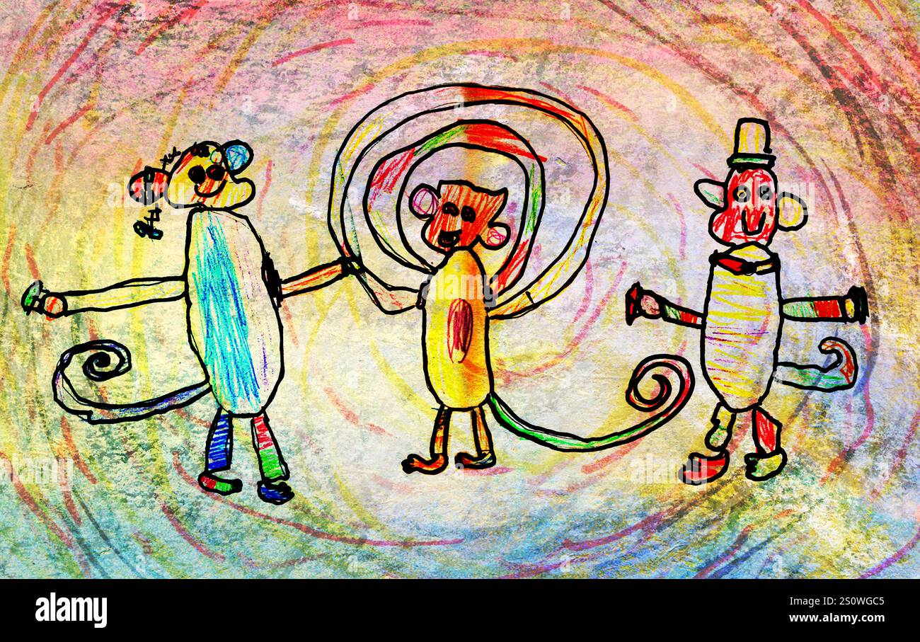 children's drawing - Three monkeys on a colorful vivid background Stock ...