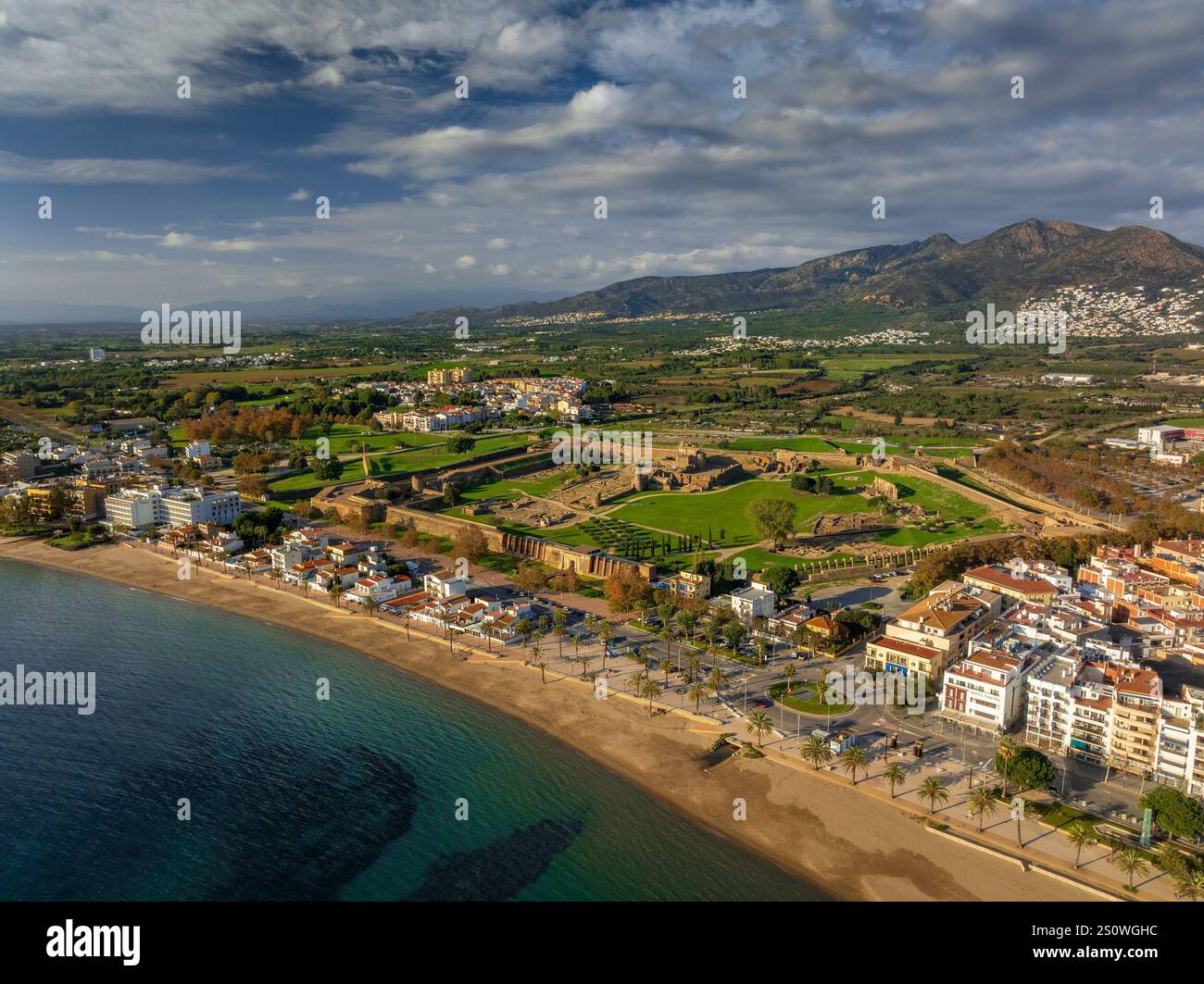 Aerial view of the citadel of Roses, next to the sea, in Costa Brava ...