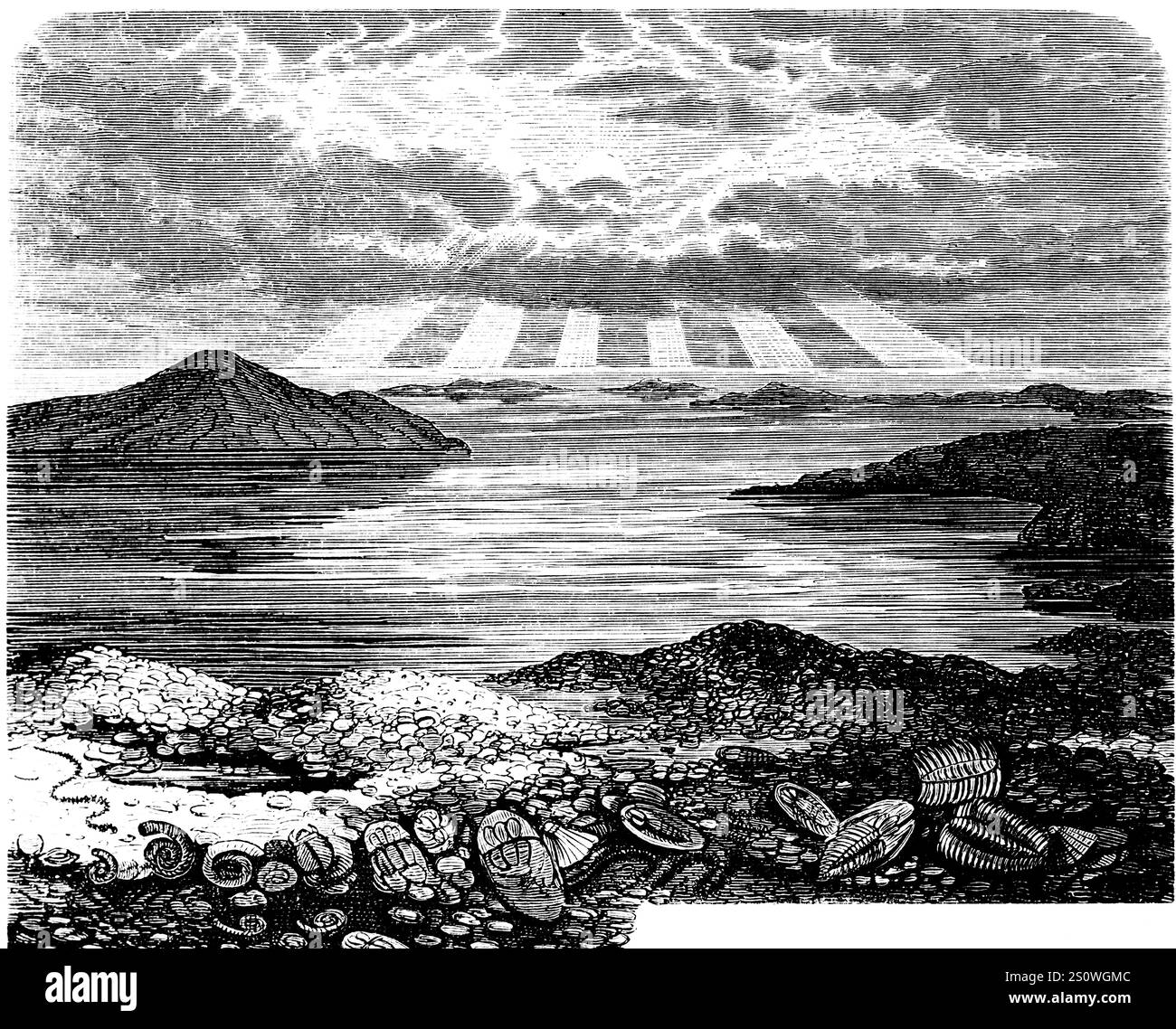 Prehistoric seascape, with islands and mountains, sky, clouds, sunbeams ...