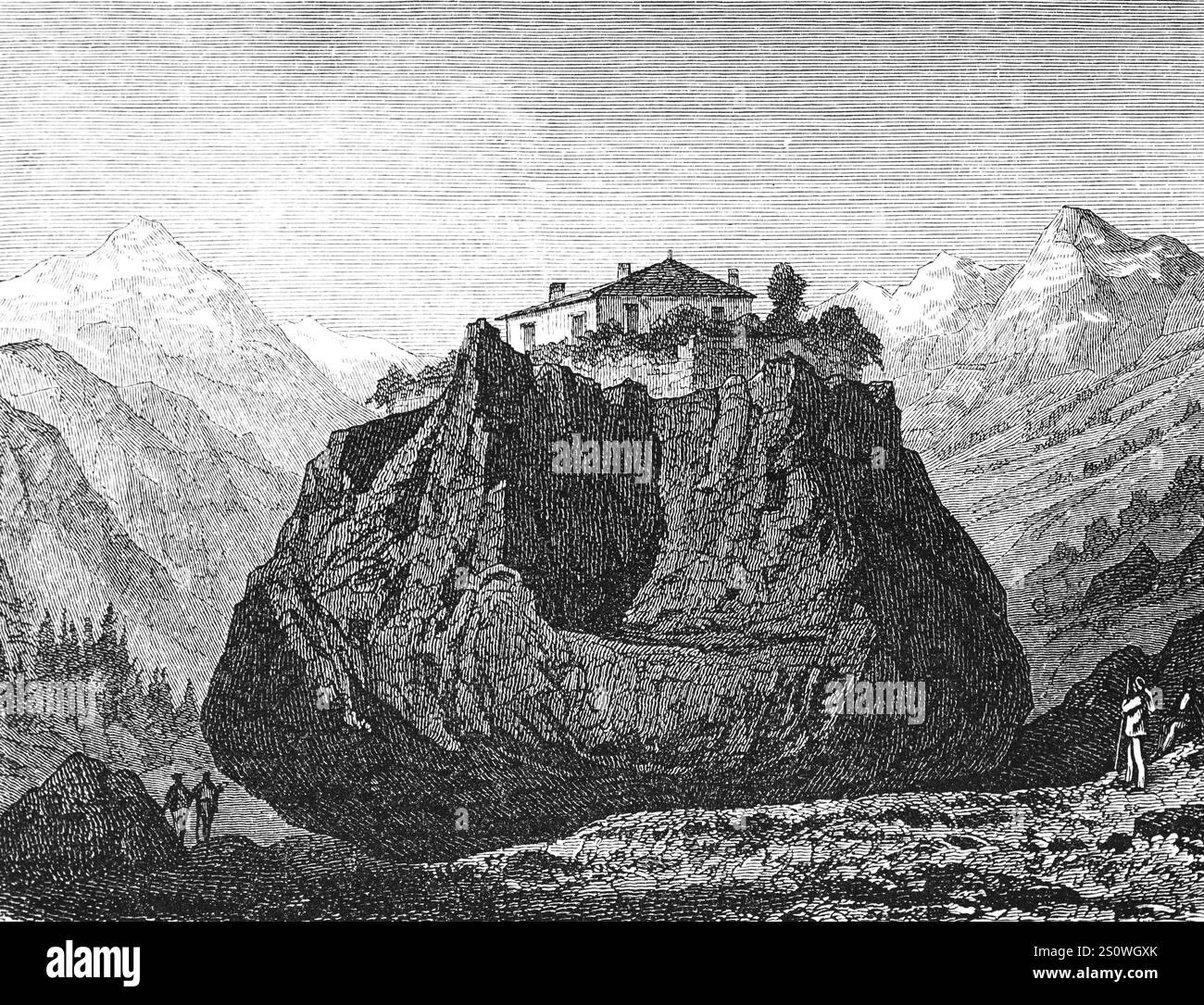 Valley in the Jura with hiking block near Monthey with building ...