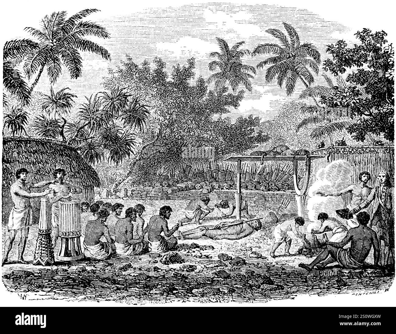 Rite of human sacrifice on the Society Islands, after James Cook, bound ...