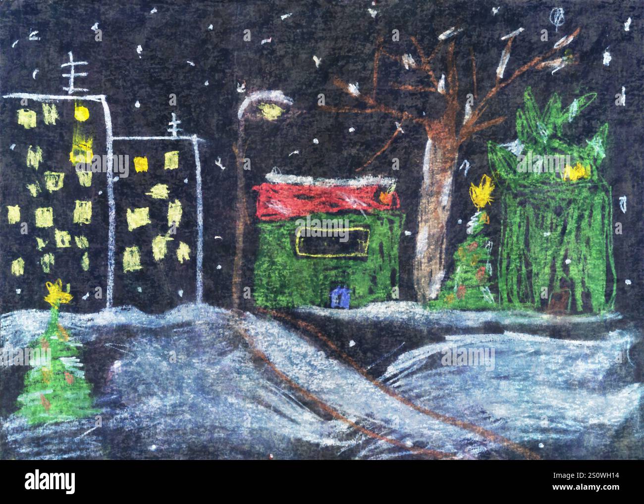 "Night city". Artwork by a six years old child. Painted in crayons and ...
