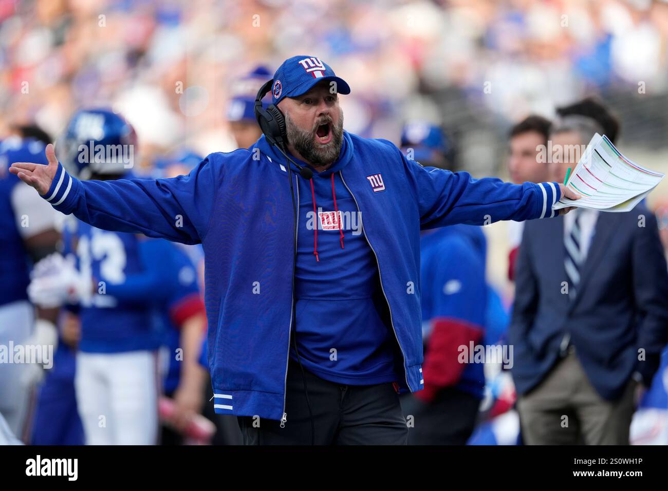 New York Giants head coach Brian Daboll reacts to an official's call in the first half of an NFL ...