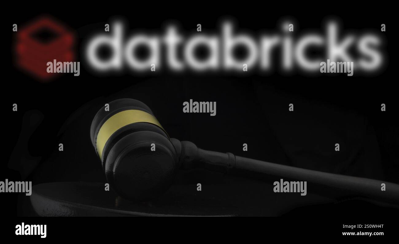 Court gavel in front of the Databricks logo. Databricks Inc is a global ...