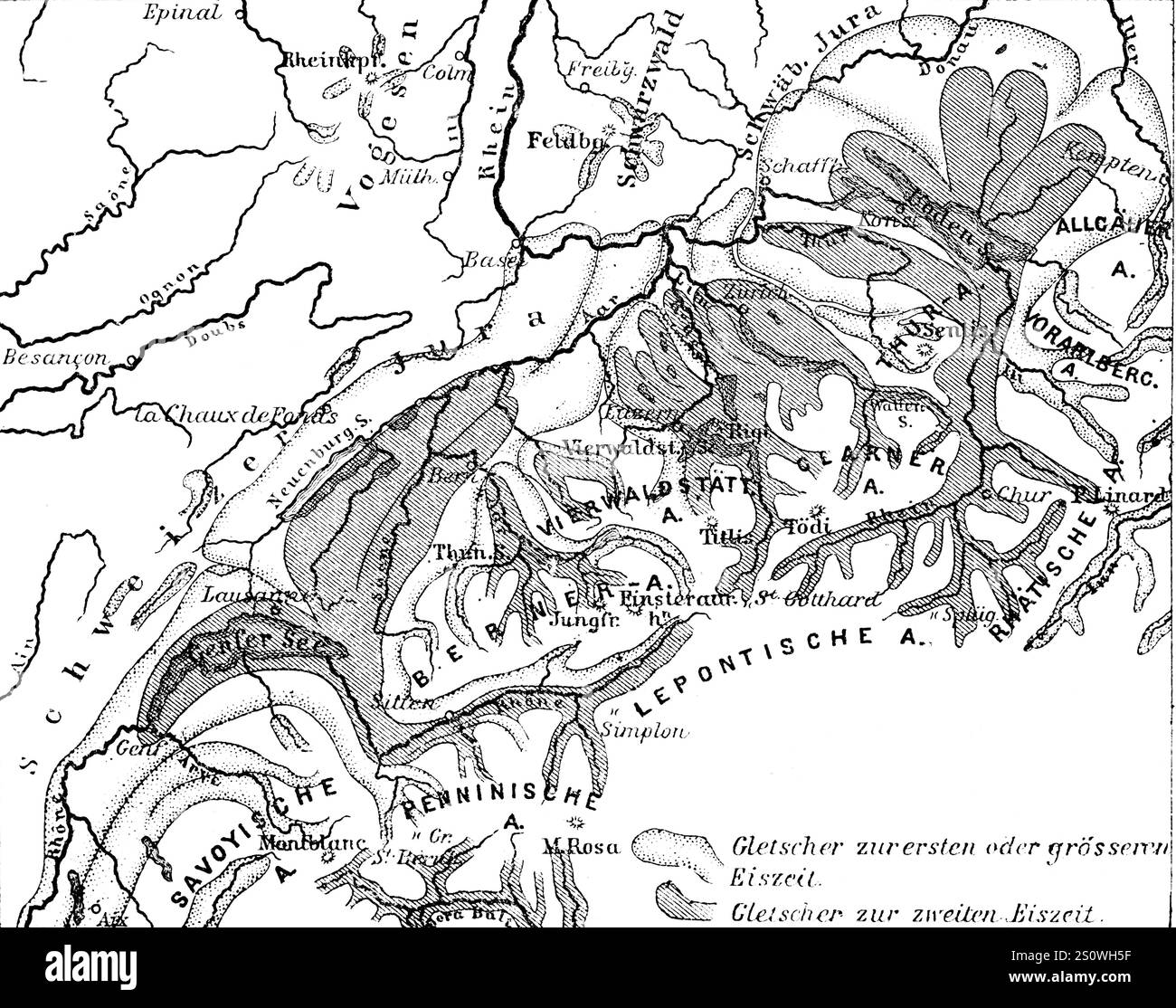 Topographic map of the Swiss glaciers during the last two ice ages ...