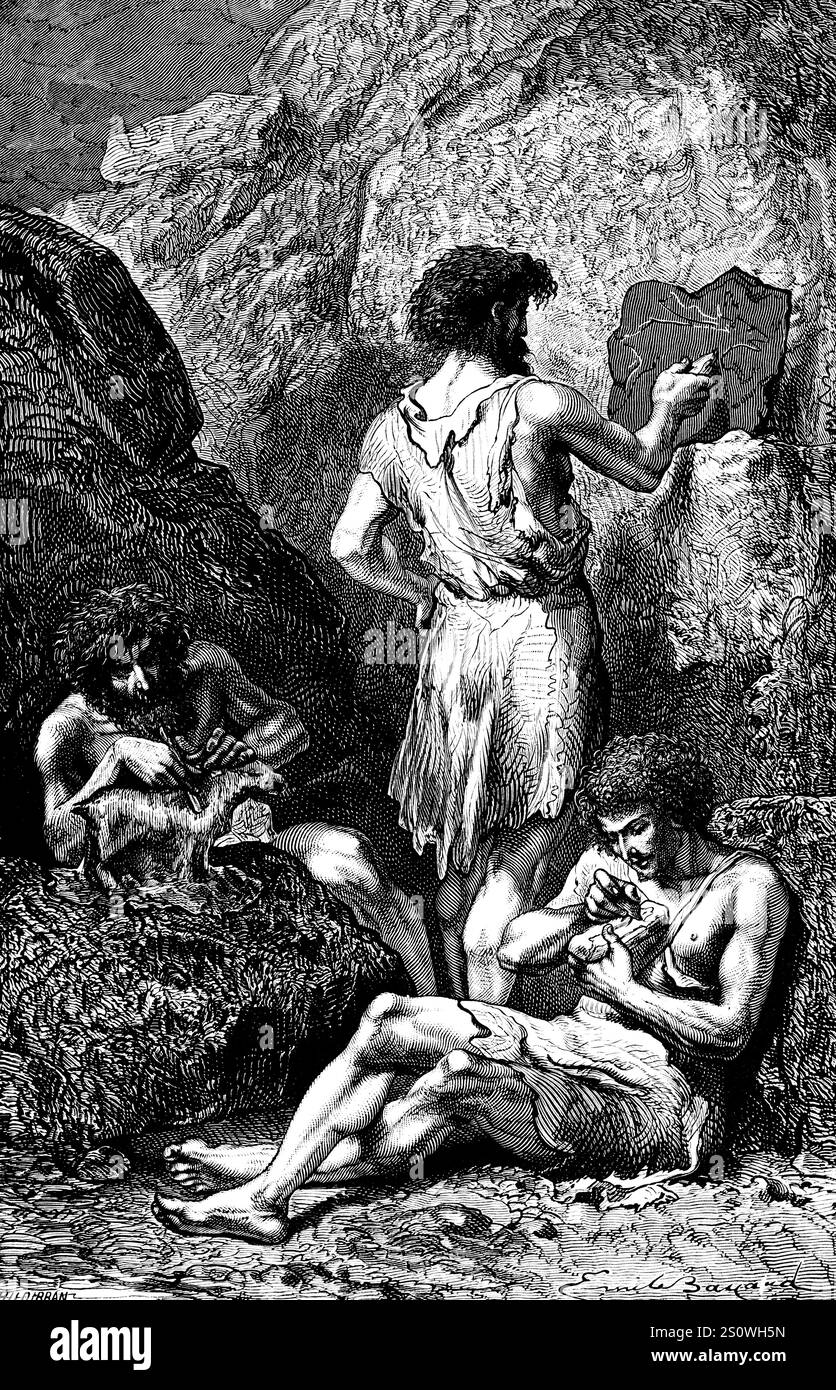 Cave dwellers painting walls and tools, rock cave, stone age, painting, early history of mankind ...