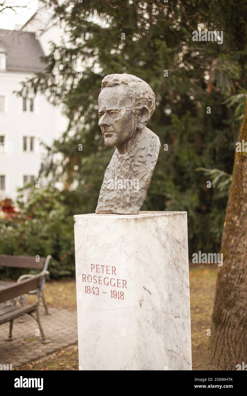 Statue, bust of Peter Rosegger, Styrian poet, Leoben, Styria, Austria ...