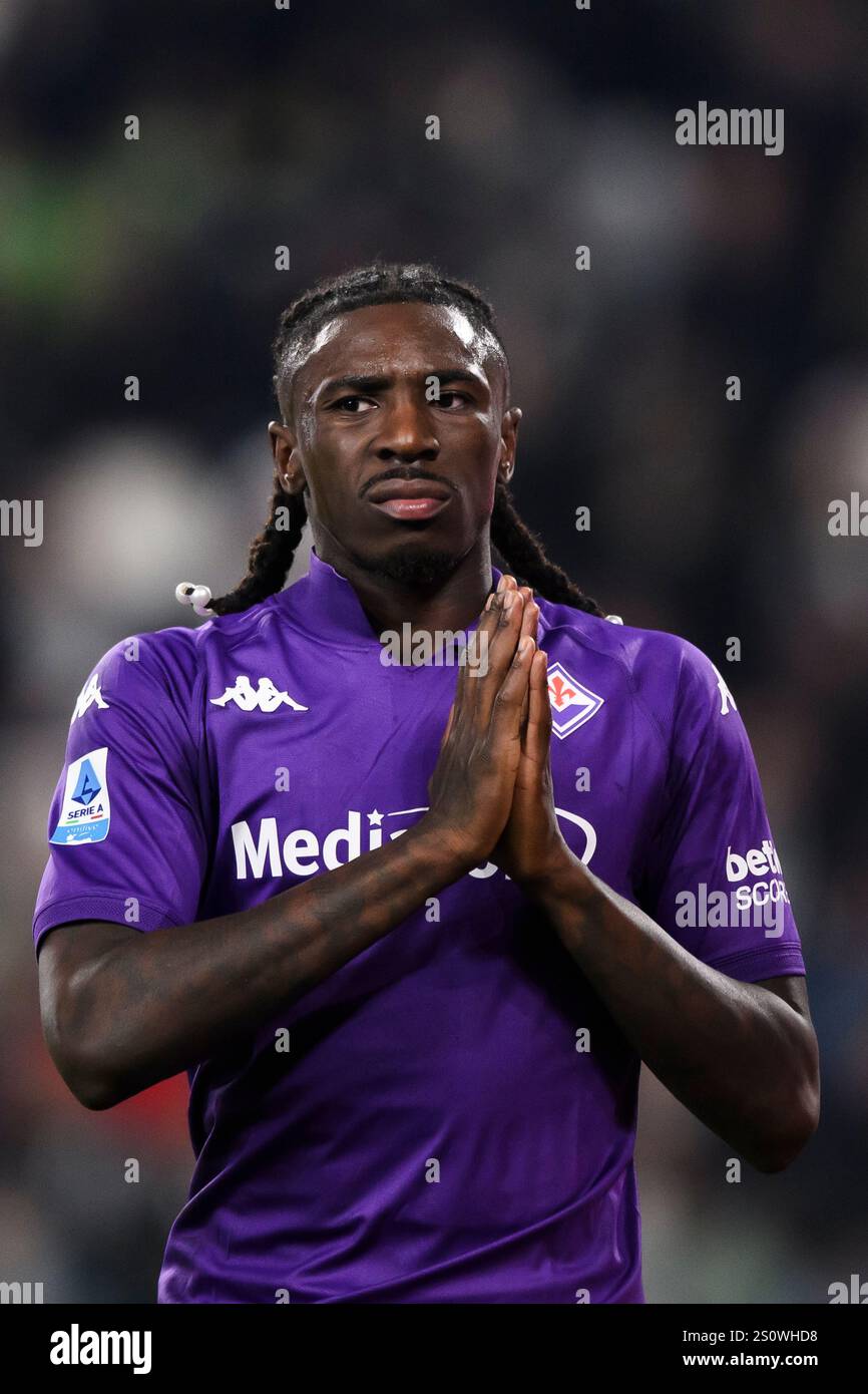 Turin, Italy. 29 December 2024. Moise Kean of ACF Fiorentina reacts ...