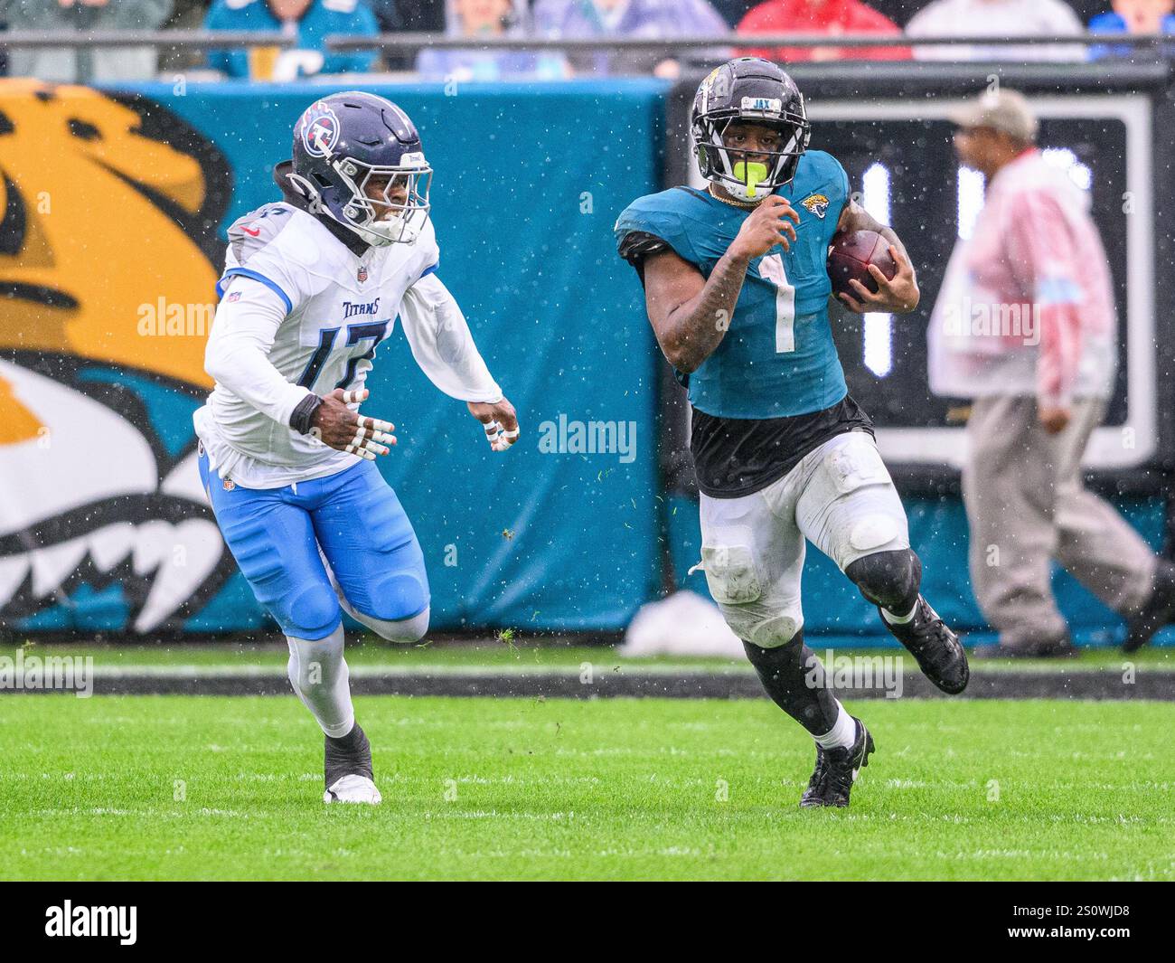 December 29, 2024: Tennessee Titans linebacker Jerome Baker (17) attempts to run down ...