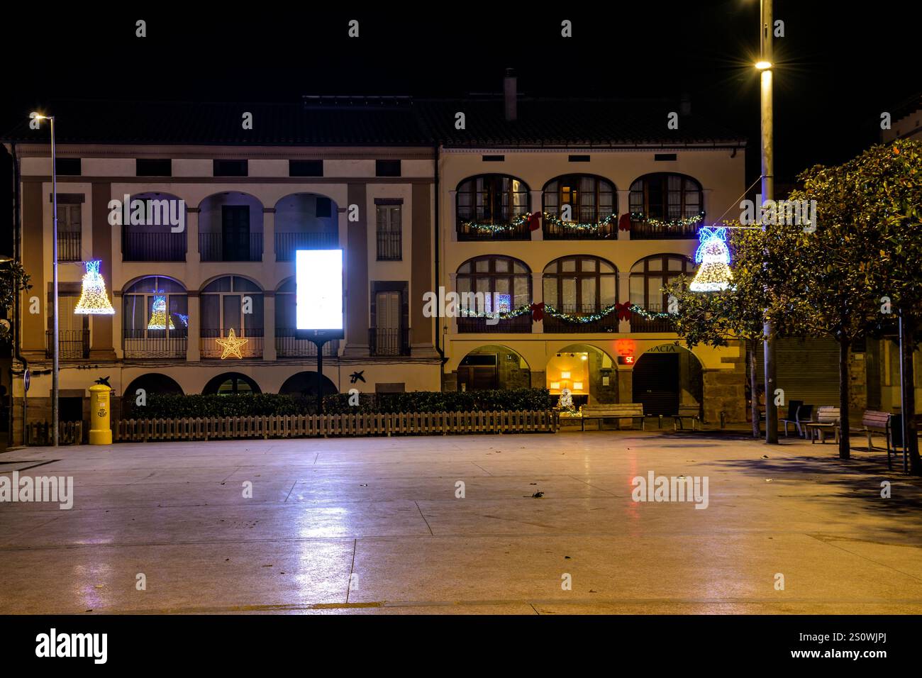 Avinyó main square at night, illuminated with Christmas lights (Bages ...