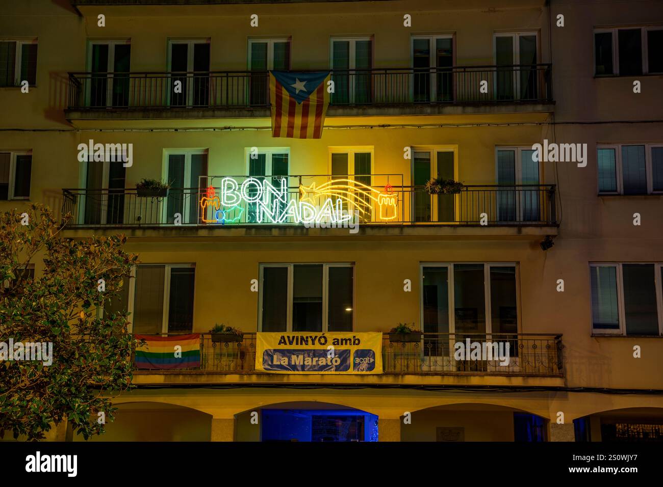 Avinyó main square at night, illuminated with Christmas lights (Bages ...