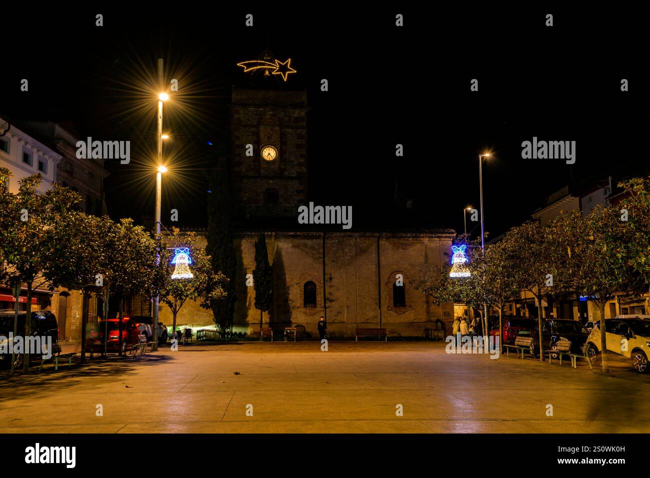 Avinyó main square at night, illuminated with Christmas lights (Bages ...