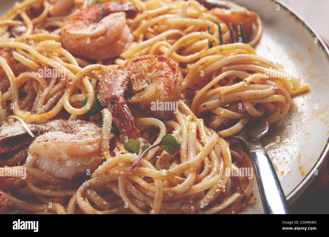 Spaghetti with tiger prawns, in tomato sauce, homemade, top view, no ...