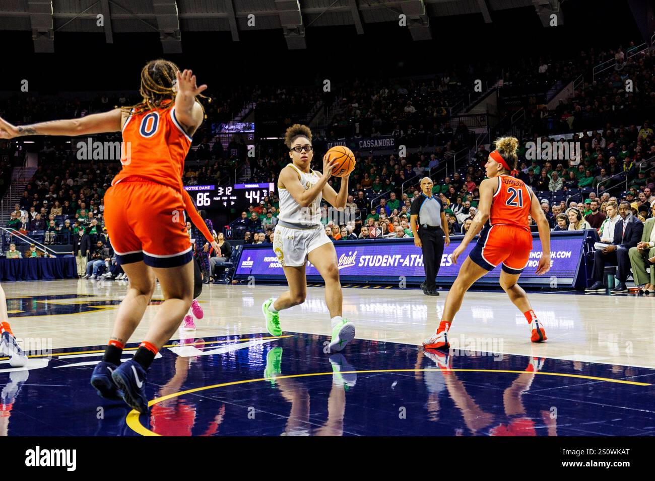 South Bend, Indiana, USA. 29th Dec, 2024. Notre Dame guard Olivia Miles (5) drives to the basket ...