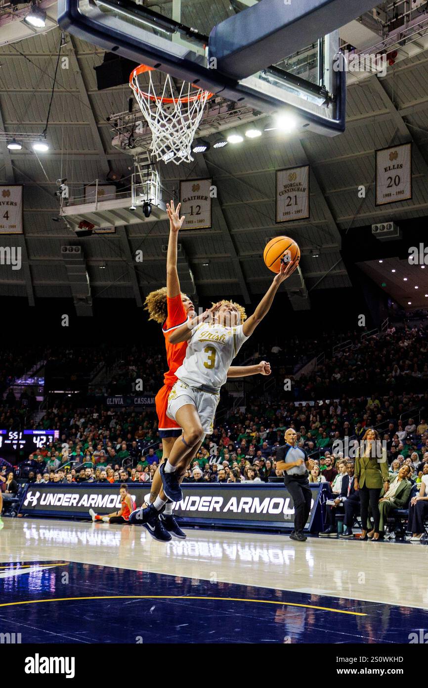 South Bend, Indiana, USA. 29th Dec, 2024. Notre Dame guard Hannah Hidalgo (3) goes up for a shot ...
