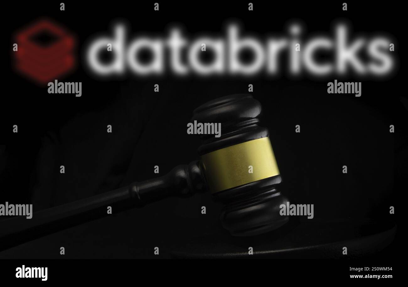 Court gavel in front of the Databricks logo. Databricks Inc is a global ...
