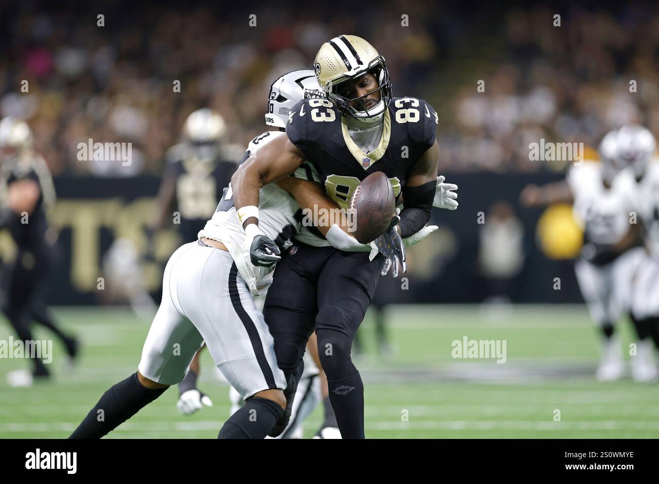 New Orleans Saints tight end Juwan Johnson (83) has the ball knocked ...
