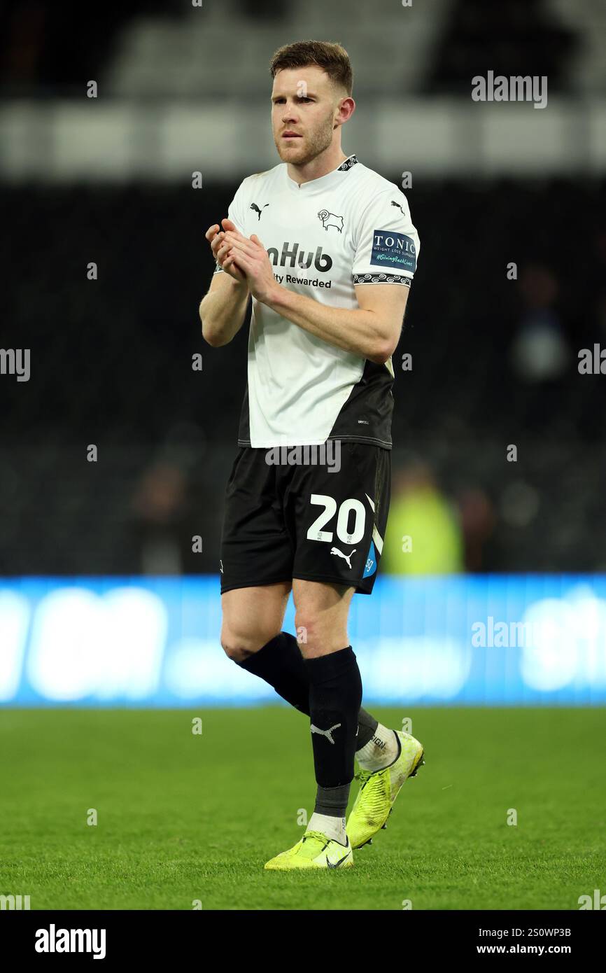 Derby County's Callum Elder applauds the fans after the final whistle ...