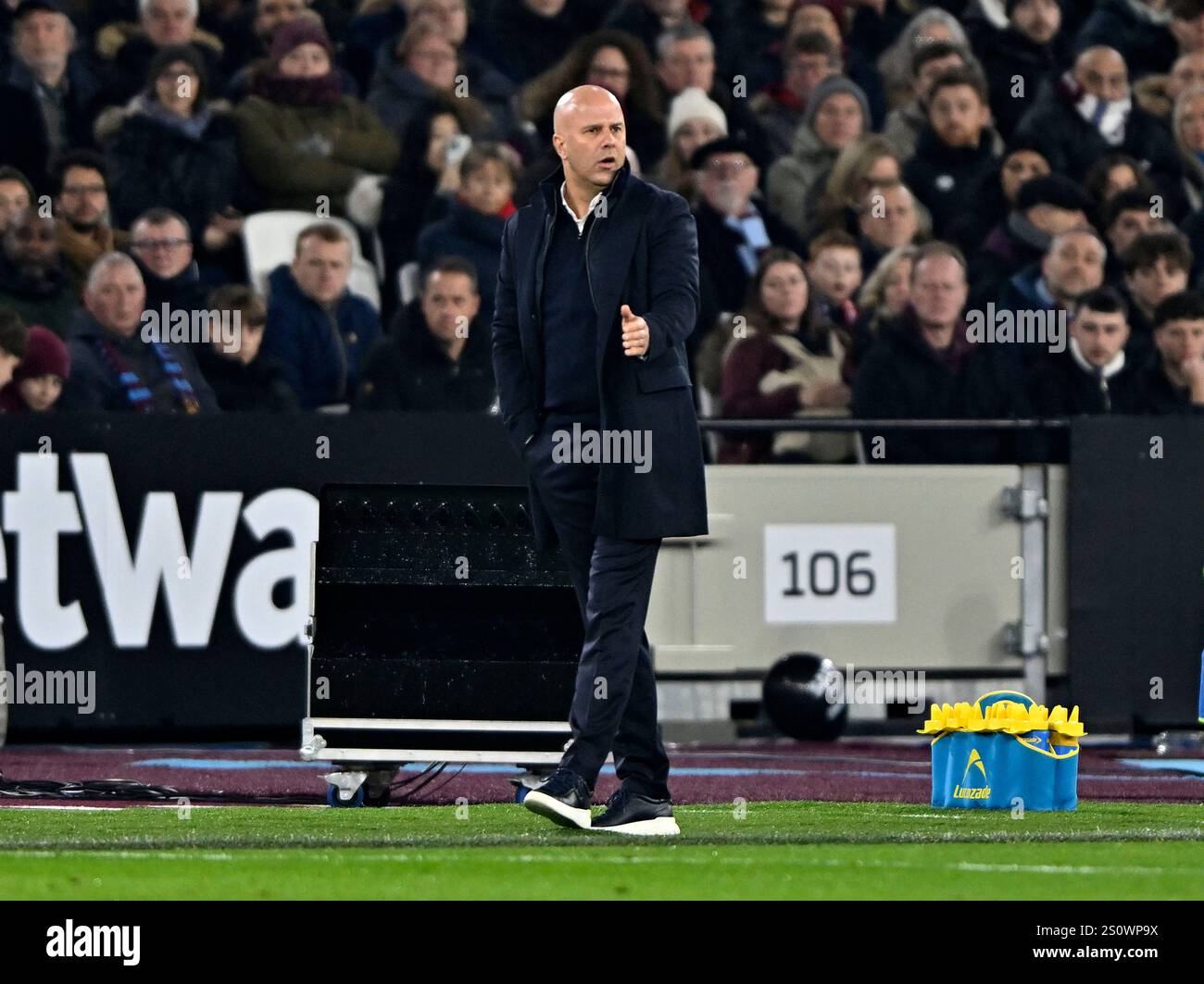 London, UK. 29th Dec, 2024. Arne Slot (Liverpool manager) gives a ...