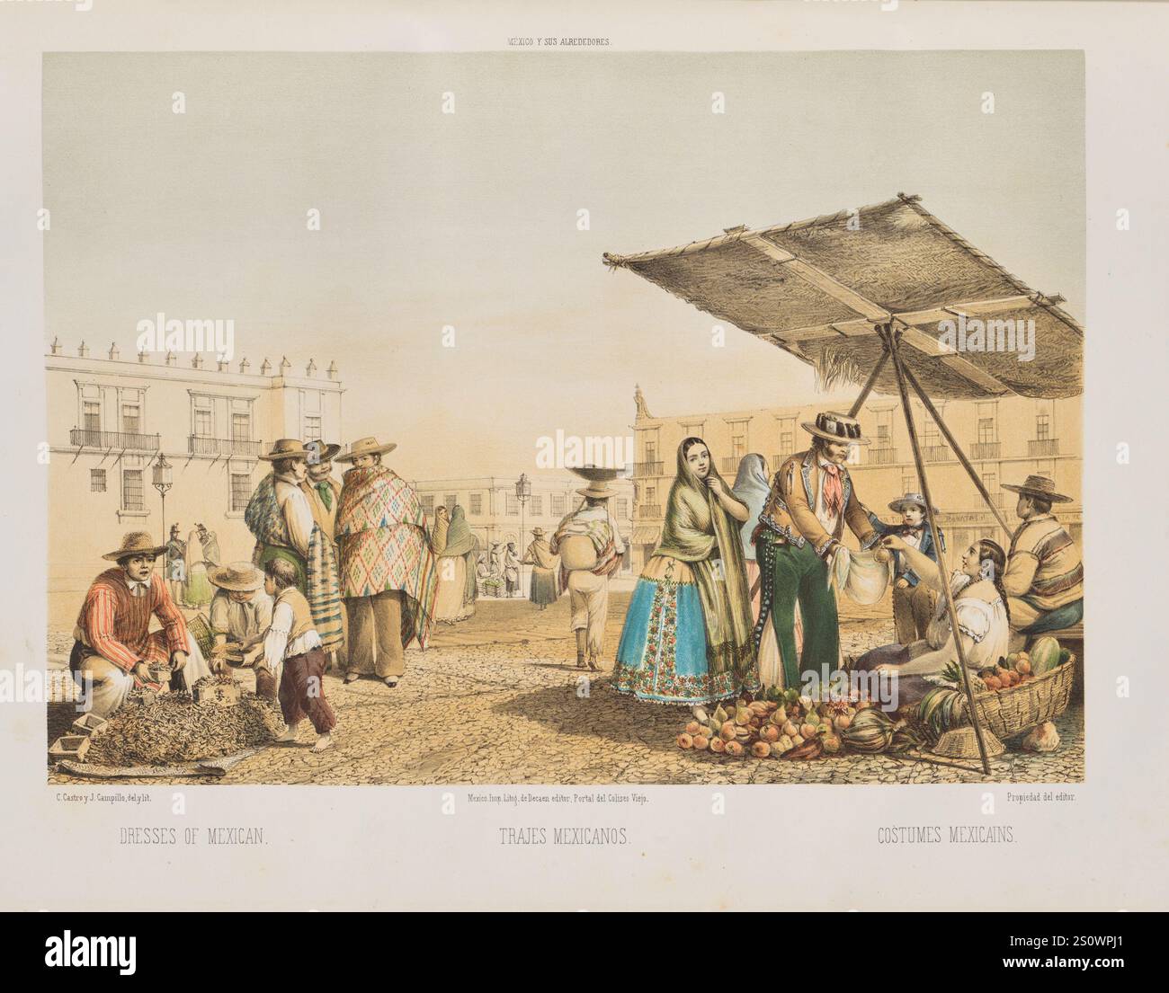 "Dresses of Mexican ". Vintage historical Lithography by Casimiro ...