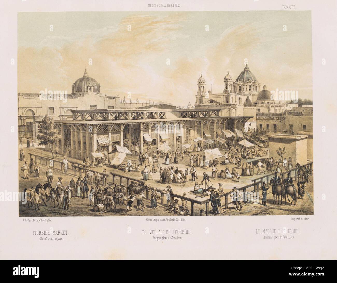 El Mercado de Iturbide, Mexico. Vintage historical Lithography by ...