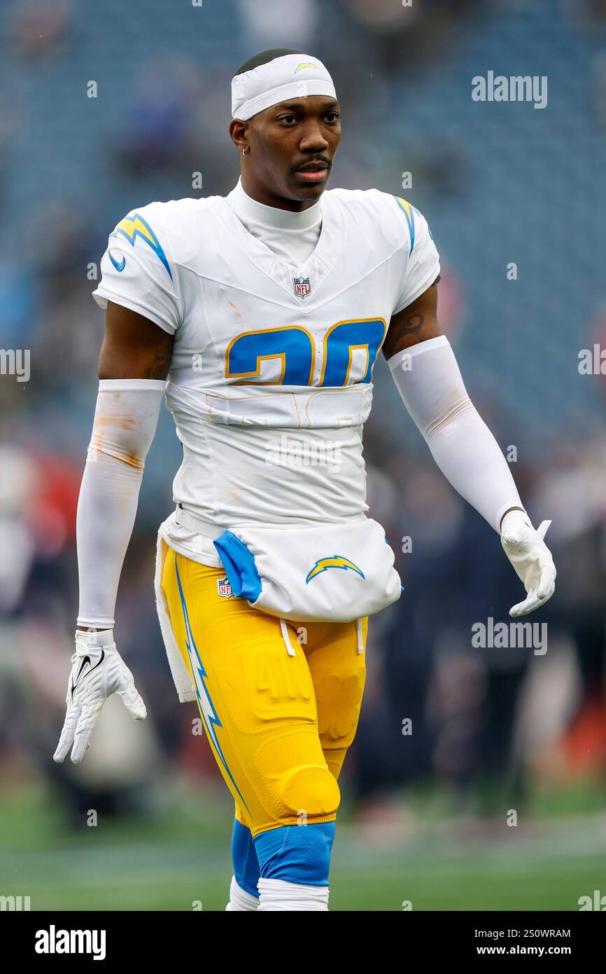 Los Angeles Chargers cornerback Cam Hart (20) reacts prior to an NFL ...