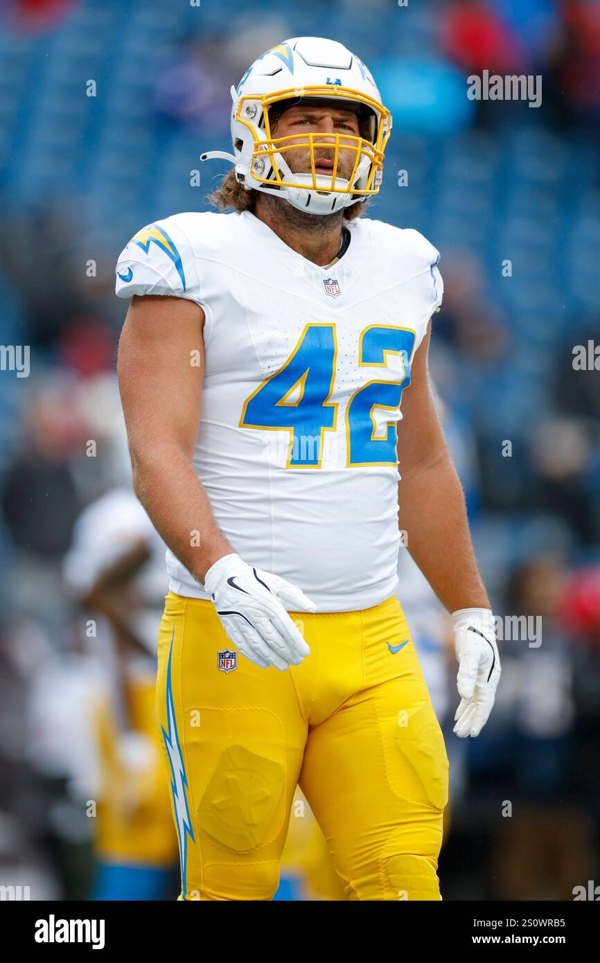 Los Angeles Chargers tight end Tucker Fisk (42) reacts prior to an NFL ...
