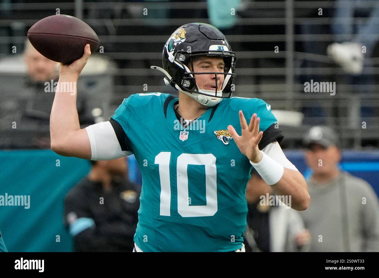 Jacksonville Jaguars quarterback Mac Jones (10) looks to throw a pass ...