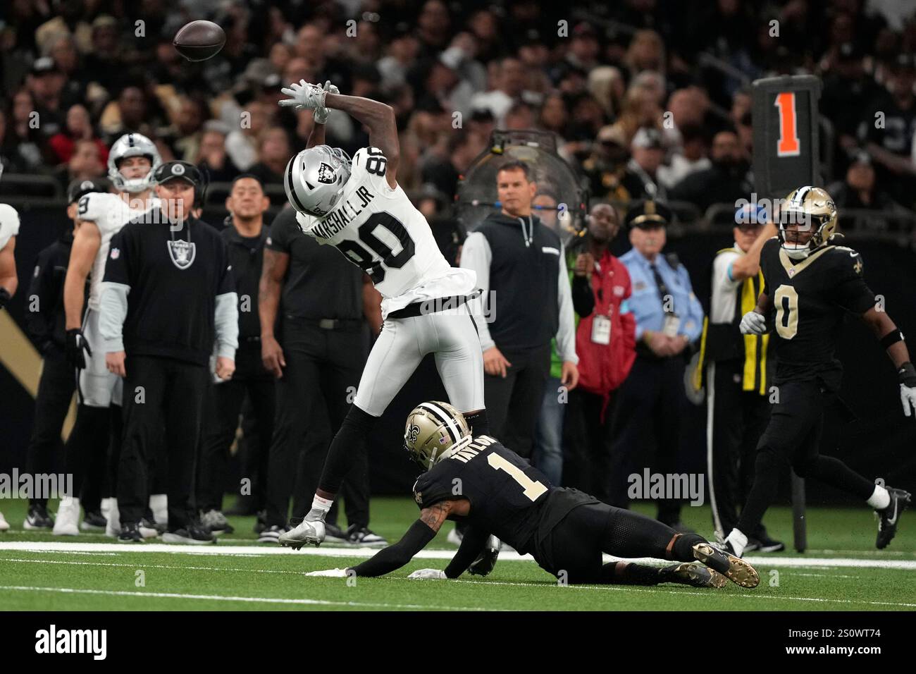 Las Vegas Raiders wide receiver Terrace Marshall Jr. (80) reaches for ...