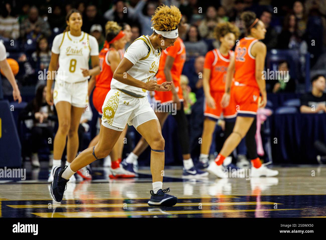 South Bend, Indiana, USA. 29th Dec, 2024. Notre Dame guard Hannah Hidalgo (3) reacts during NCAA ...