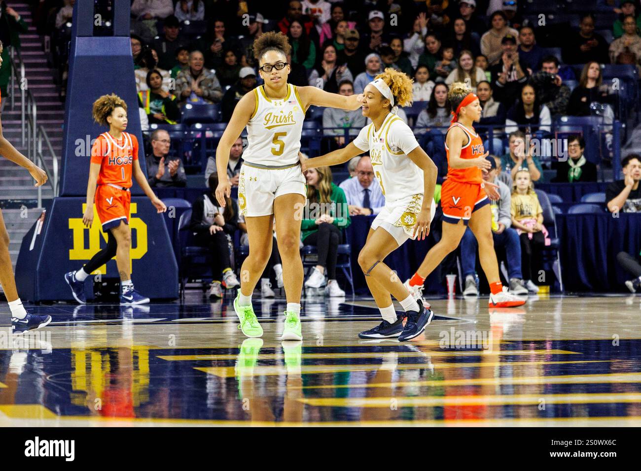 South Bend, Indiana, USA. 29th Dec, 2024. Notre Dame guard Olivia Miles (5) and Notre Dame guard ...