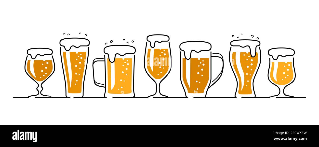 Dark and light beer in glasses of different shapes. Alcoholic drinks ...