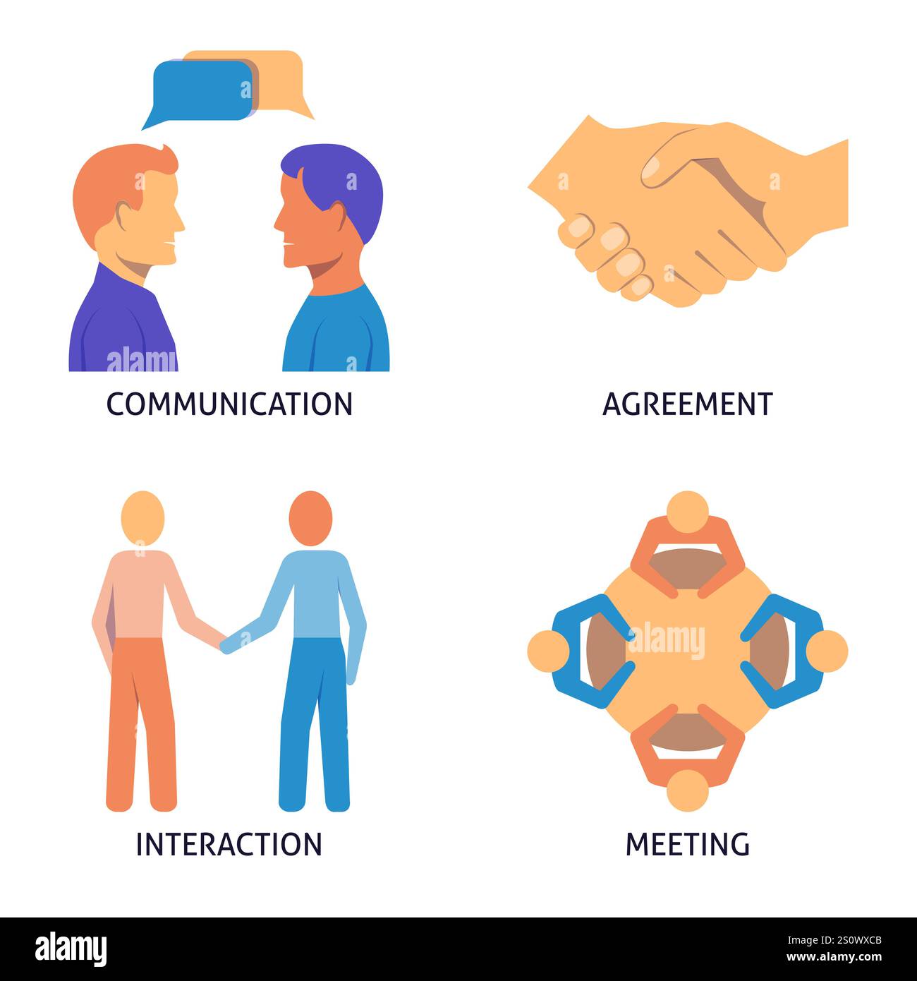 Communication and meeting flat icon set. Agreement, dialogue symbols ...