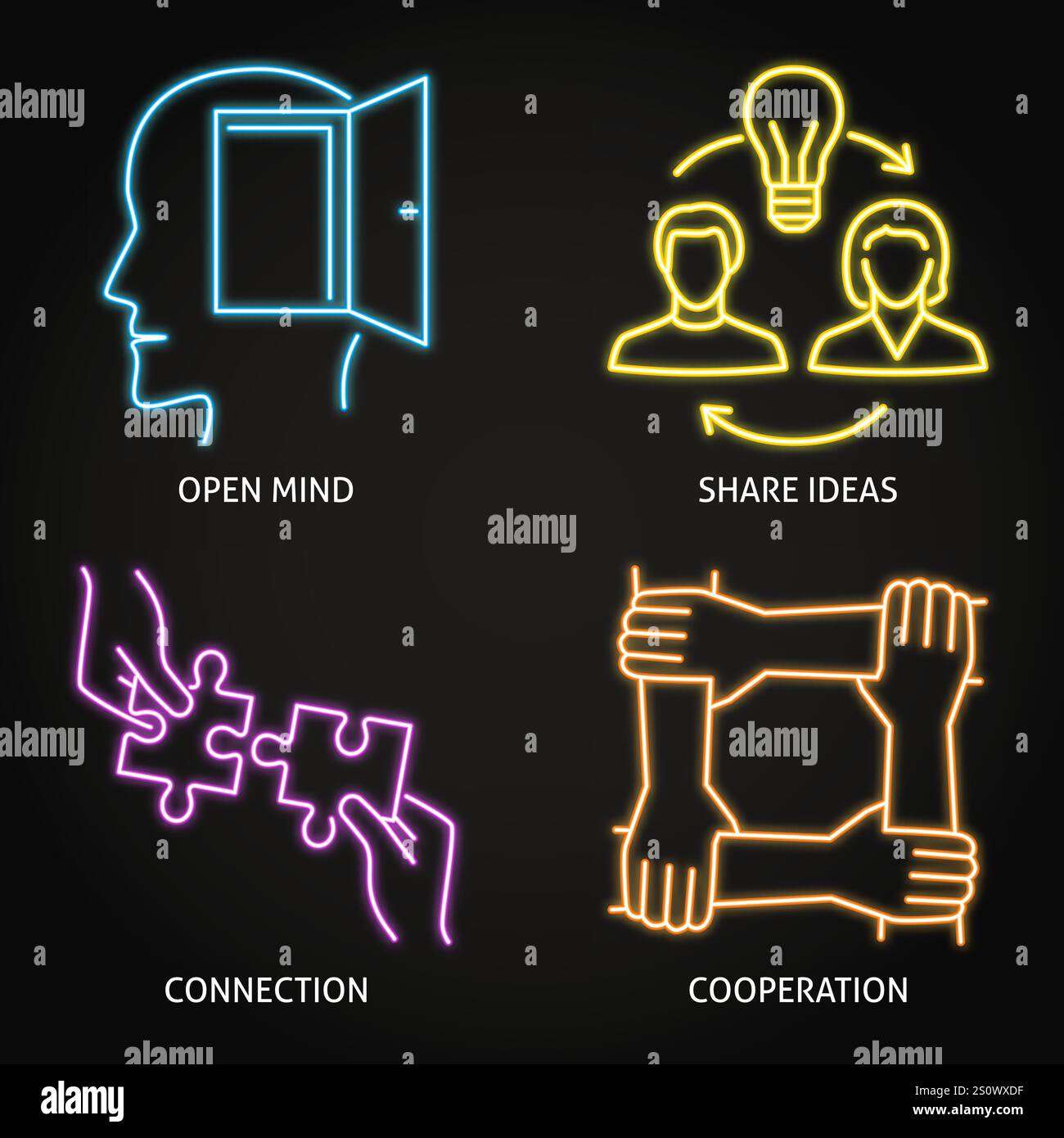 Collaboration and support neon icon set. Open mind, share ideas ...