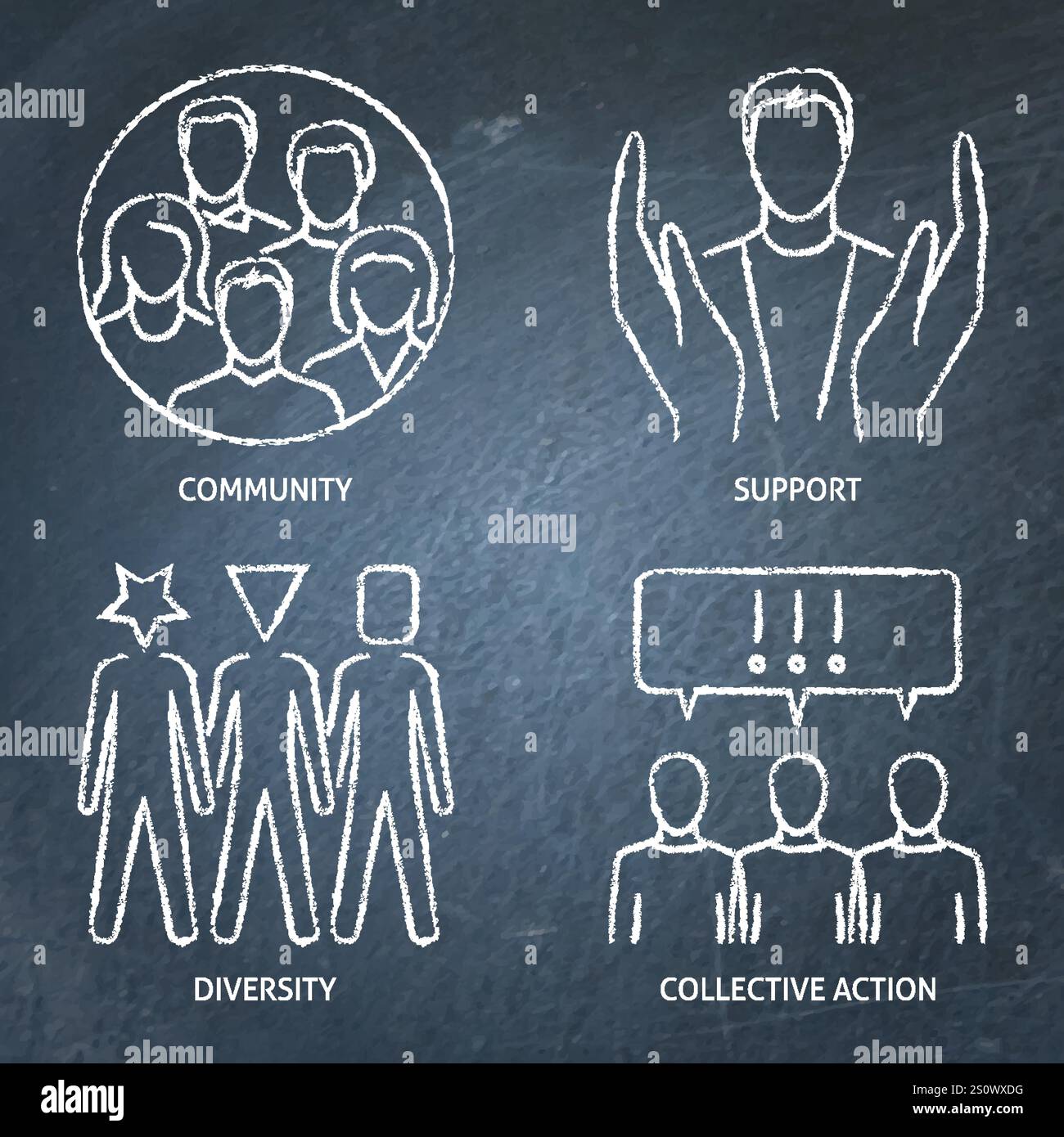 Community chalkboard icon set. Teamwork and cooperation, support ...