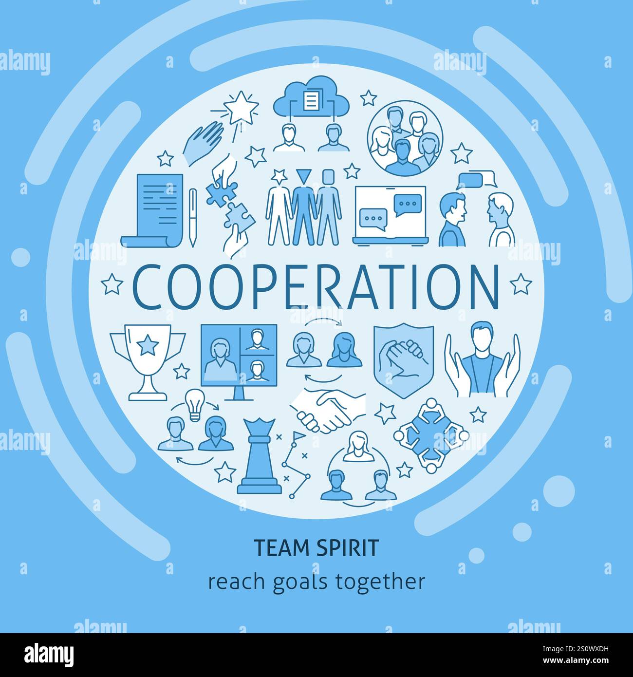 Cooperation round concept banner with text. Teamwork and support line ...