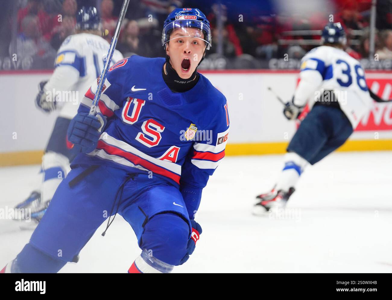 U.S.A. forward Carey Terrance (10) celebrates his goal against Finland ...