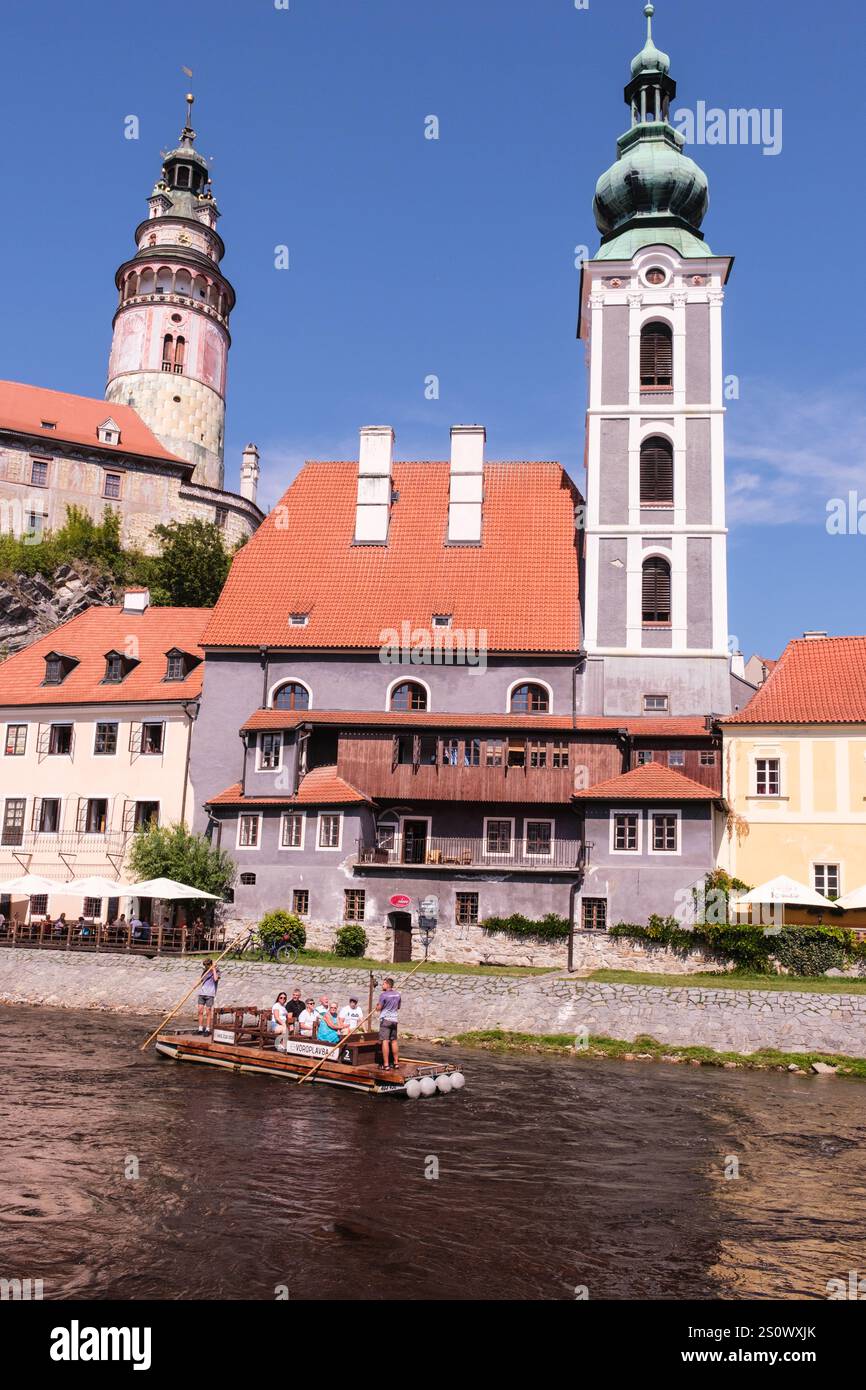 Cesky Krumlov, St. Jost Church, Tourists Rafting on the Vltava River ...