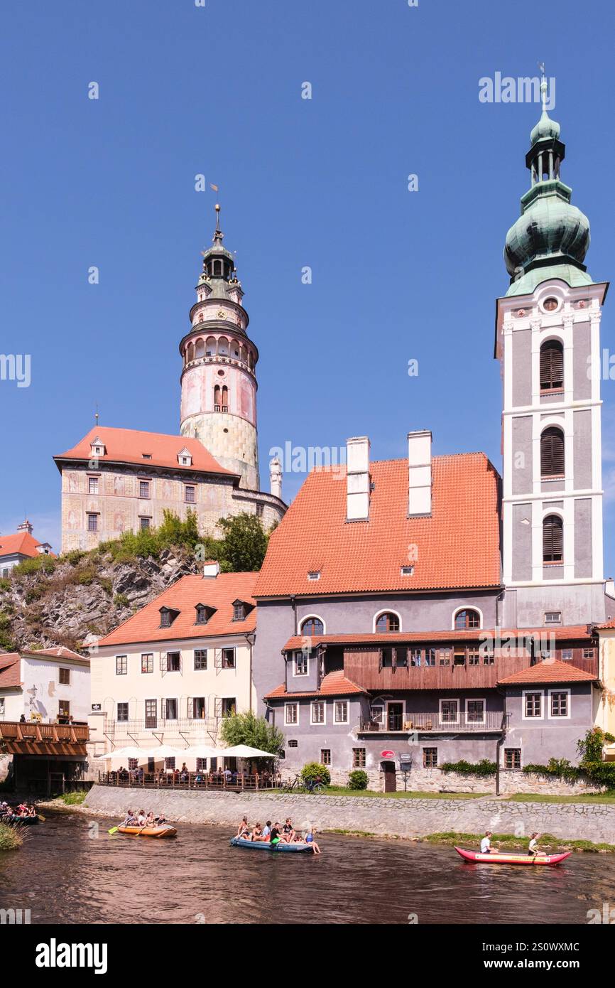 Cesky Krumlov, St. Jost Church, Tourists Rafting on the Vltava River ...