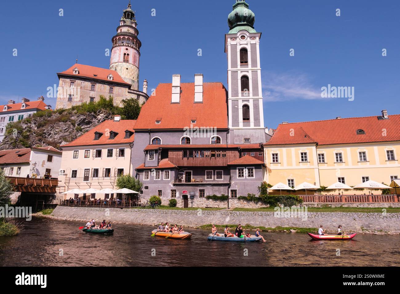 Cesky Krumlov, St. Jost Church, Tourists Rafting on the Vltava River ...