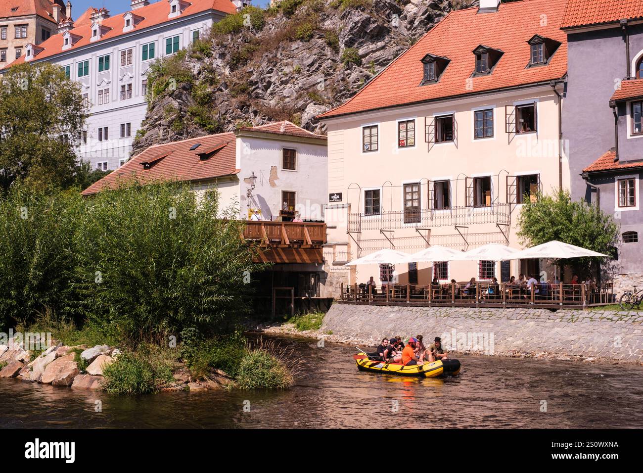 Cesky Krumlov, Tourists Rafting on the Vltava River, Czech Republic ...