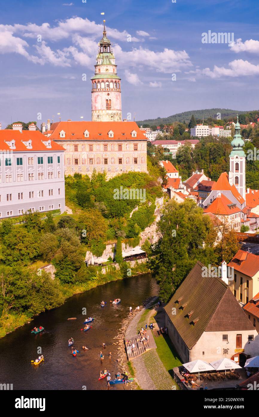 Cesky Krumlov View from the Castle. Castle Tower in distance. People ...