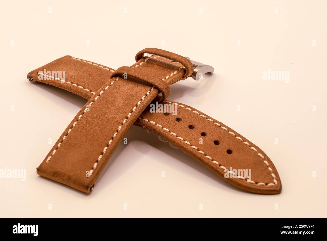 close-up of a vintage camel oak leather watch strap with brushed ...