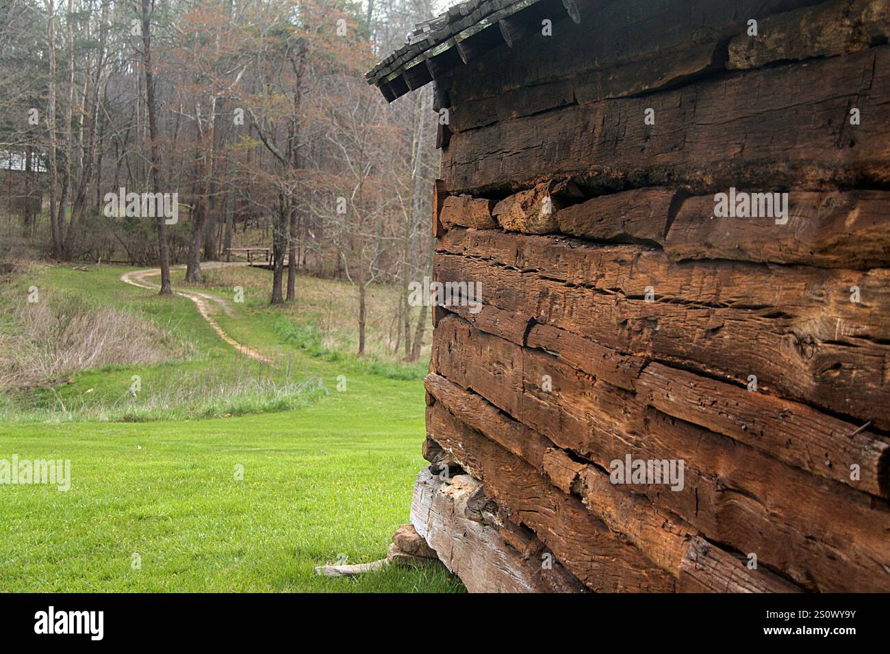 Hardy, VA, USA. Log cabin on the grounds of Booker T. Washington ...