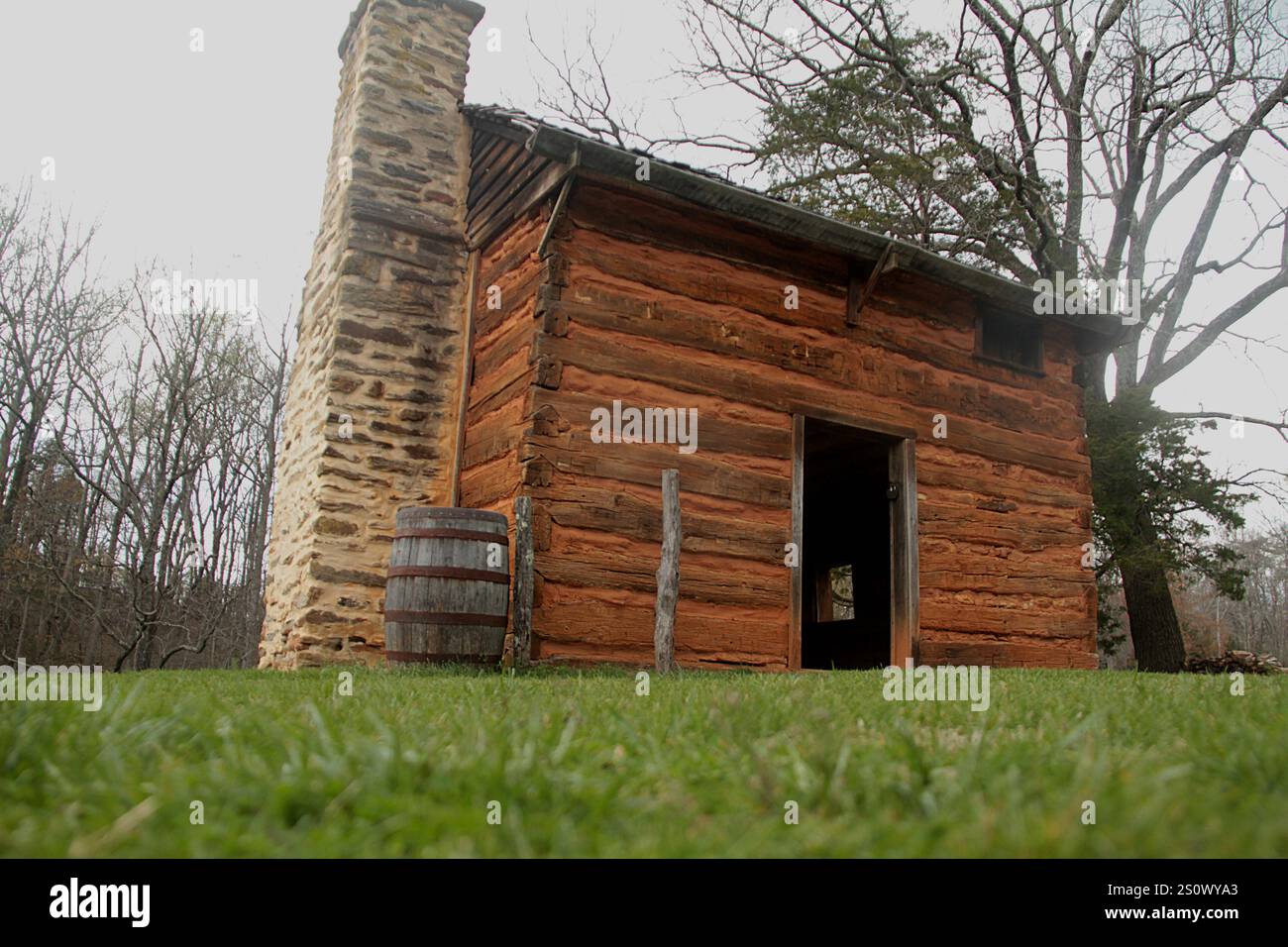 Hardy, VA, USA. Log cabin on the grounds of Booker T. Washington ...