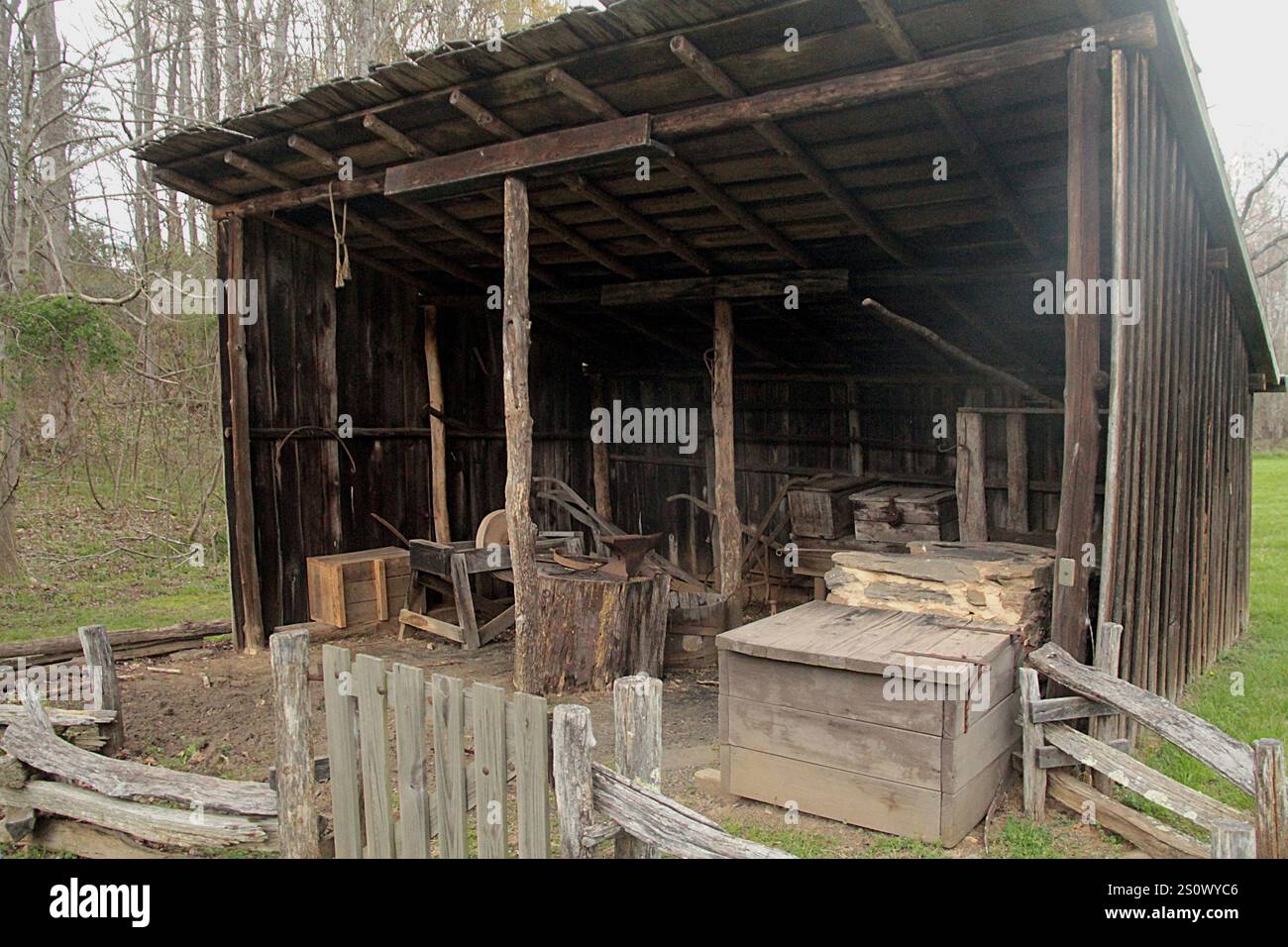 Hardy, VA, USA. The blacksmith workshop on the grounds of Booker T ...