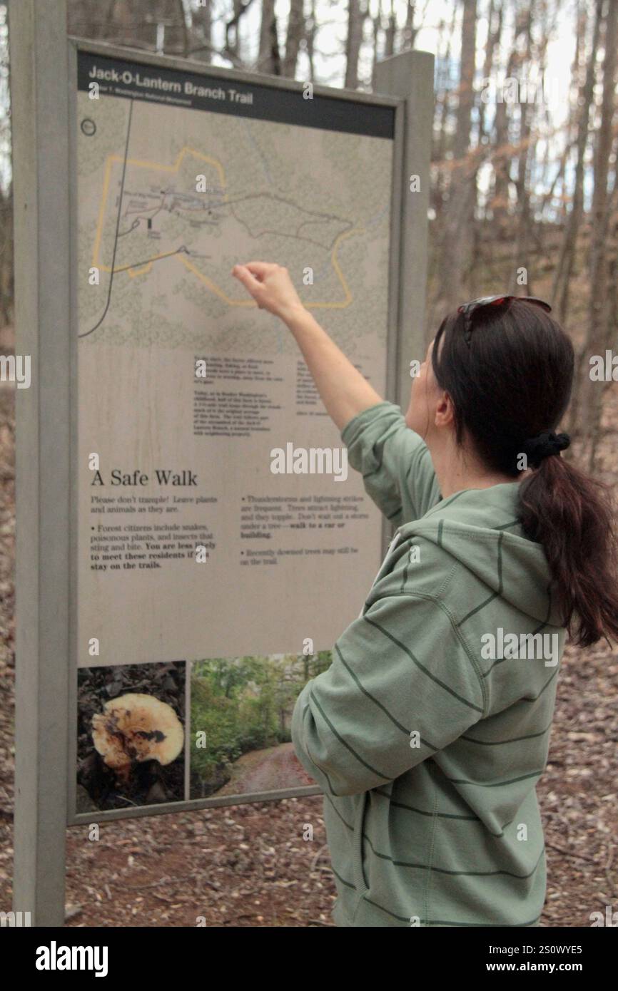 Hardy, VA, USA. Trail map on the grounds of Booker T. Washington ...