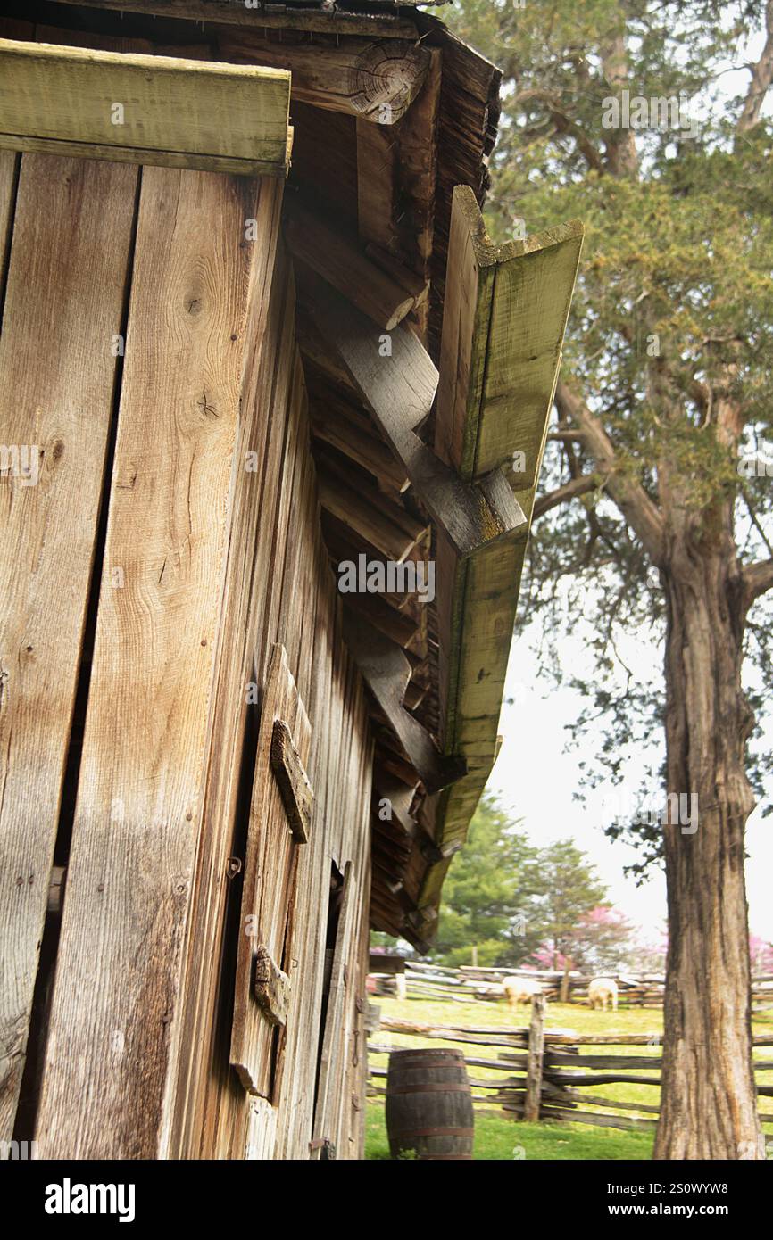 Hardy, VA, USA. Wooden gutters of an old barn at Booker T. Washington ...