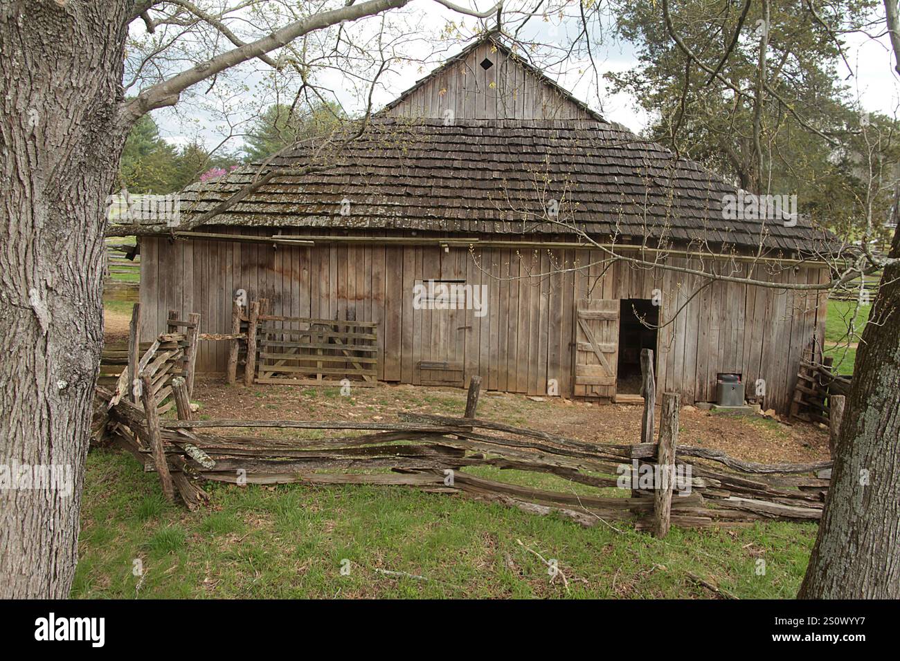 Hardy, VA, USA. Old wooden barn on the grounds of Booker T. Washington ...